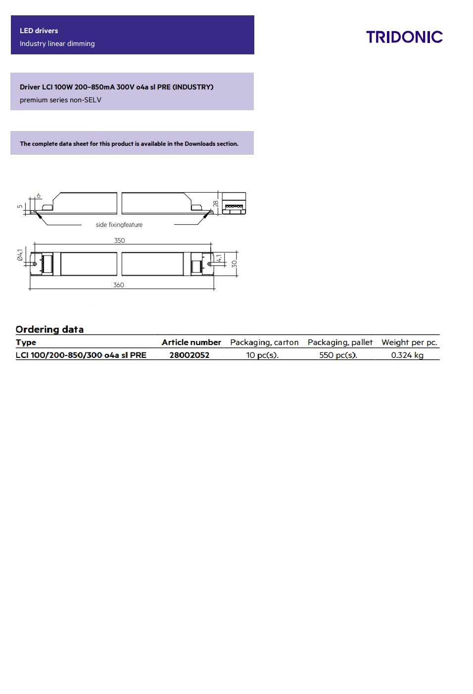Tridonic LED Drivers LCI 100W 200–850mA 300V